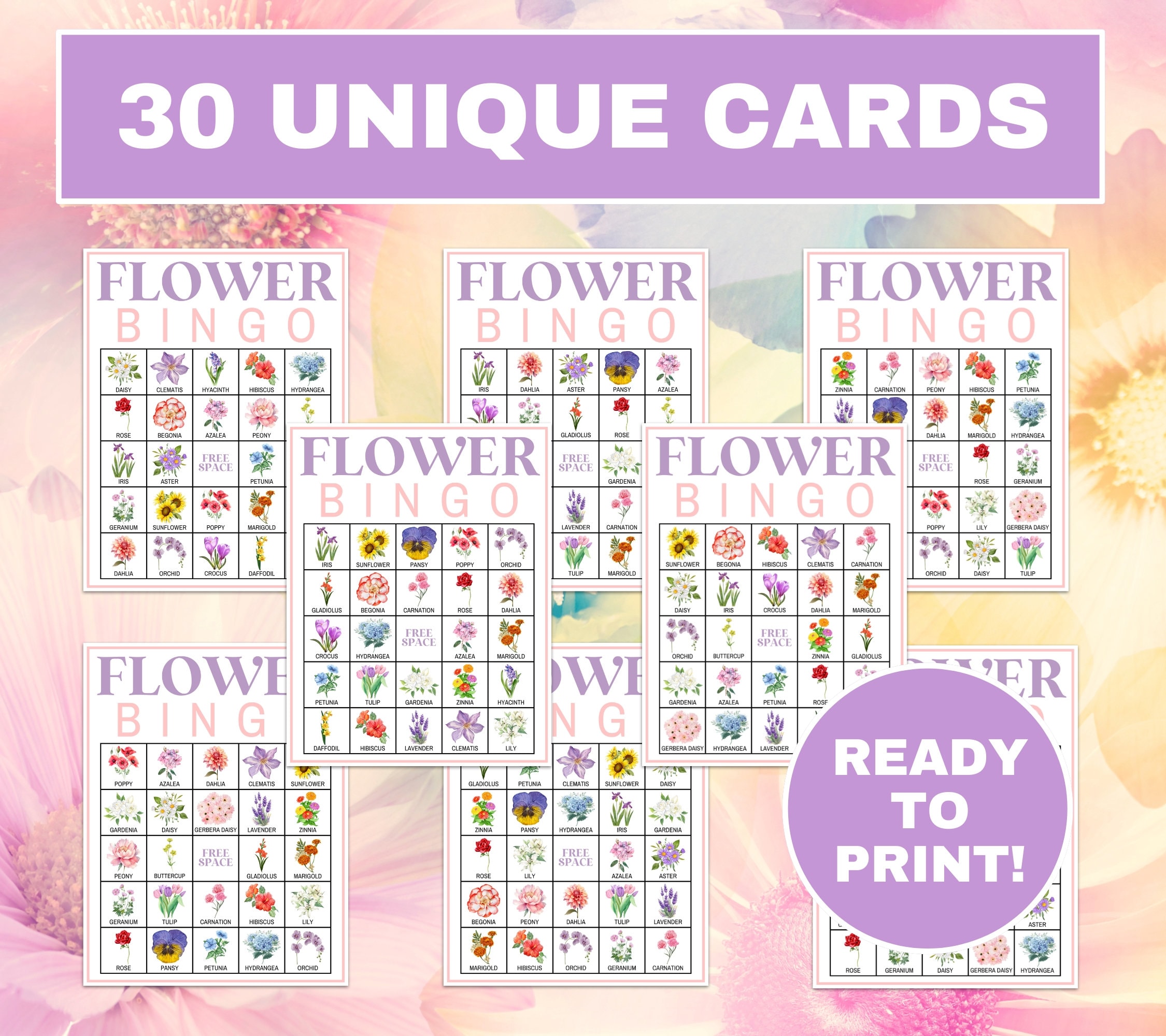 30 Flower Bingo Cards Printable Game, Floral Spring Bingo Boards Kids ...