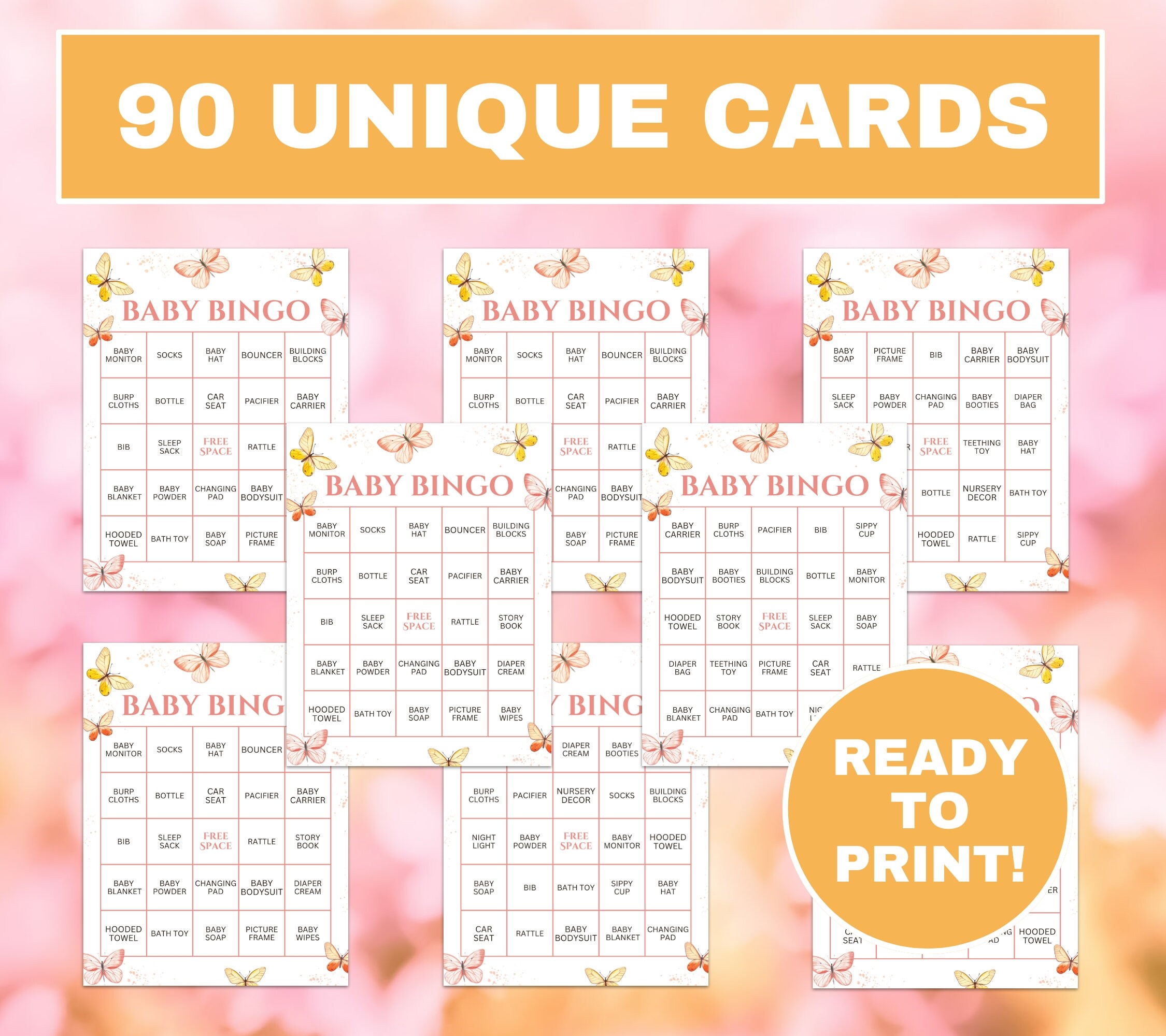 90 Butterflies Baby Shower Bingo Cards Printable Game, Baby Butterfly ...
