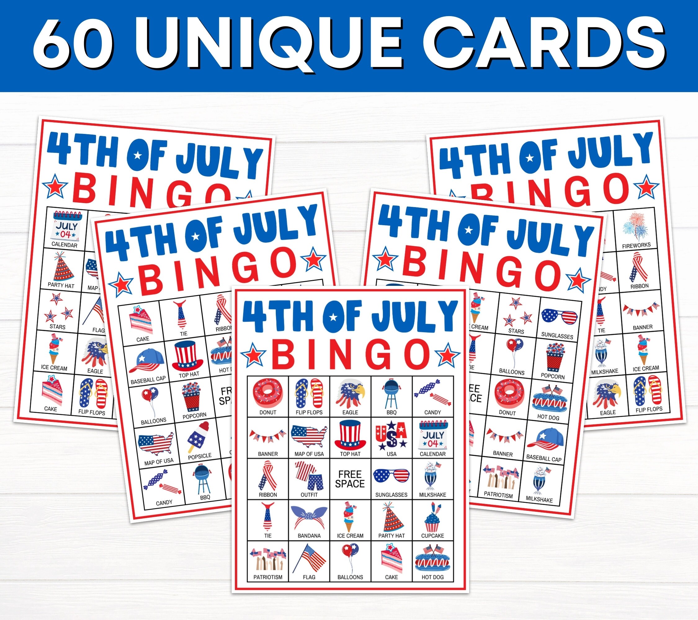 60 Fourth of July Bingo Cards Printable Game, 4th of July USA ...