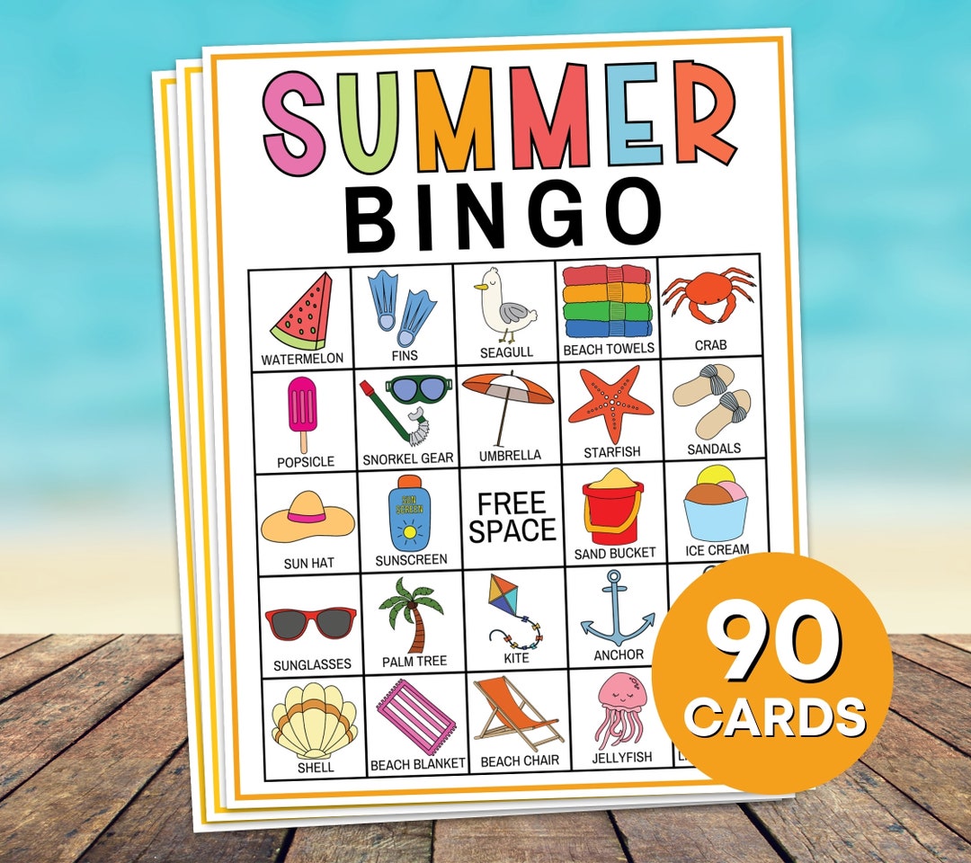 90 Summer Bingo Cards Printable Game, Summer Birthday Party Bingo Game ...