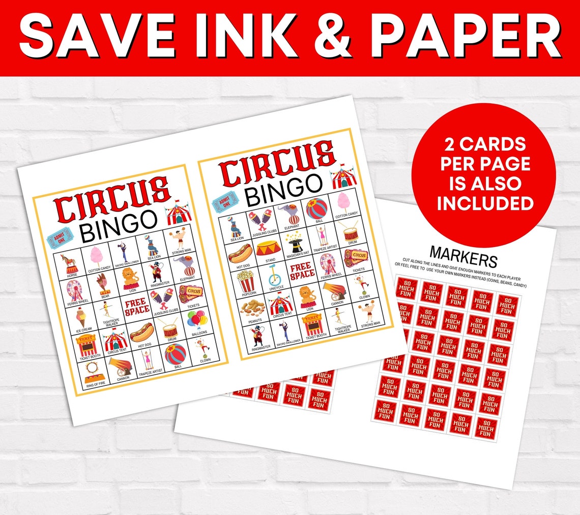 90 Circus Bingo Cards Printable Game, Circus Party Bingo Game Boards ...