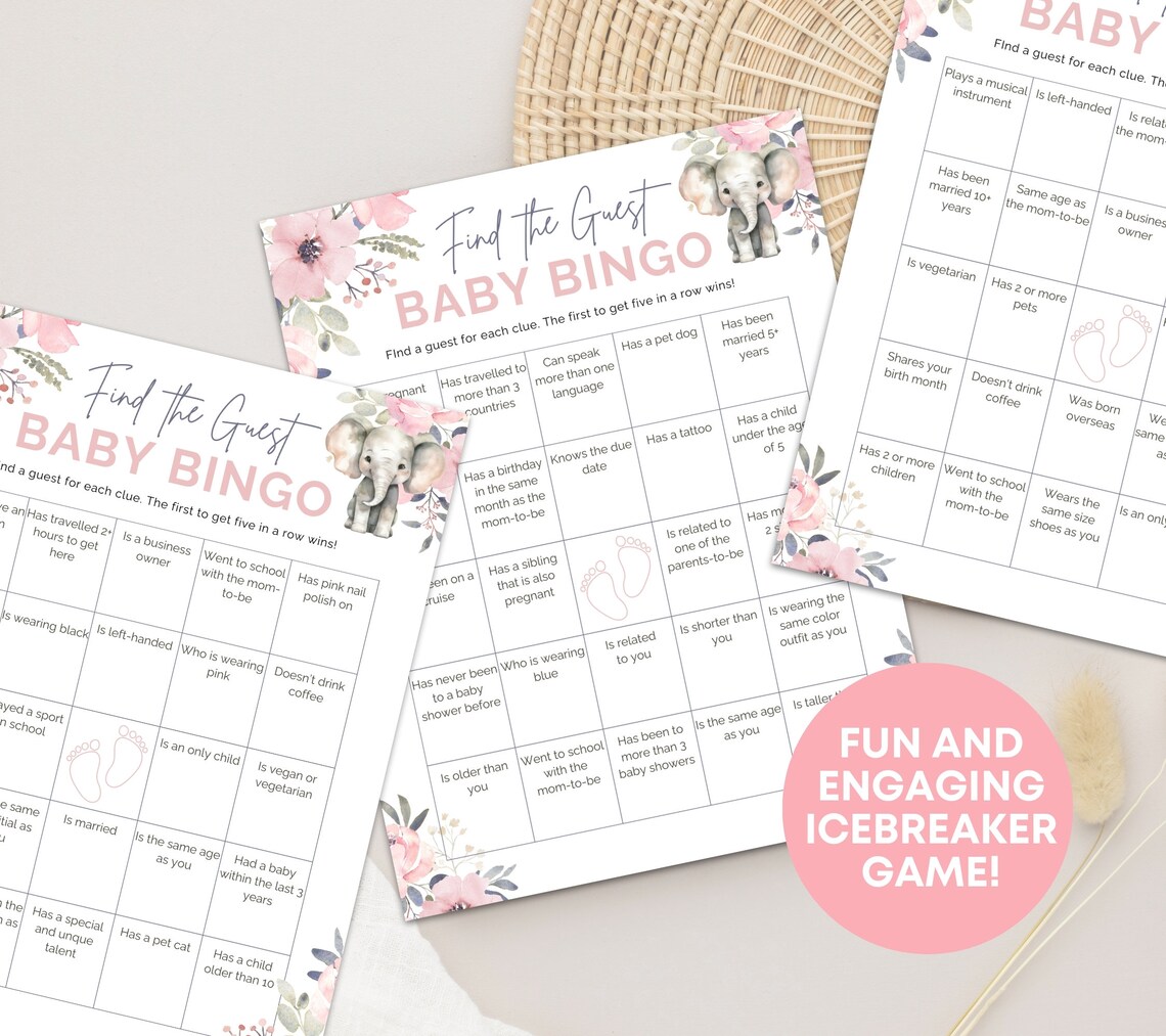 Elephant Baby Shower Bingo Cards, Baby Girl Shower Mingle Icebreaker ...