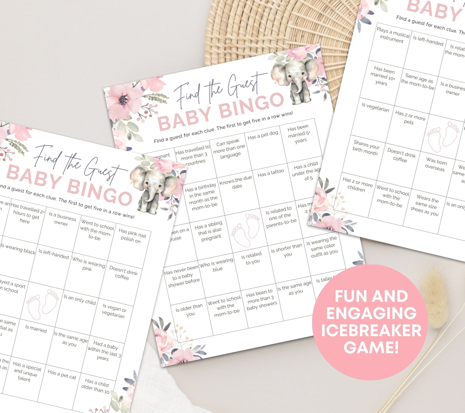 Elephant Baby Shower Bingo Cards, Baby Girl Shower Mingle Icebreaker ...