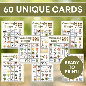 60 Camping Bingo Cards Printable Game, Camping Party Bingo Game ...