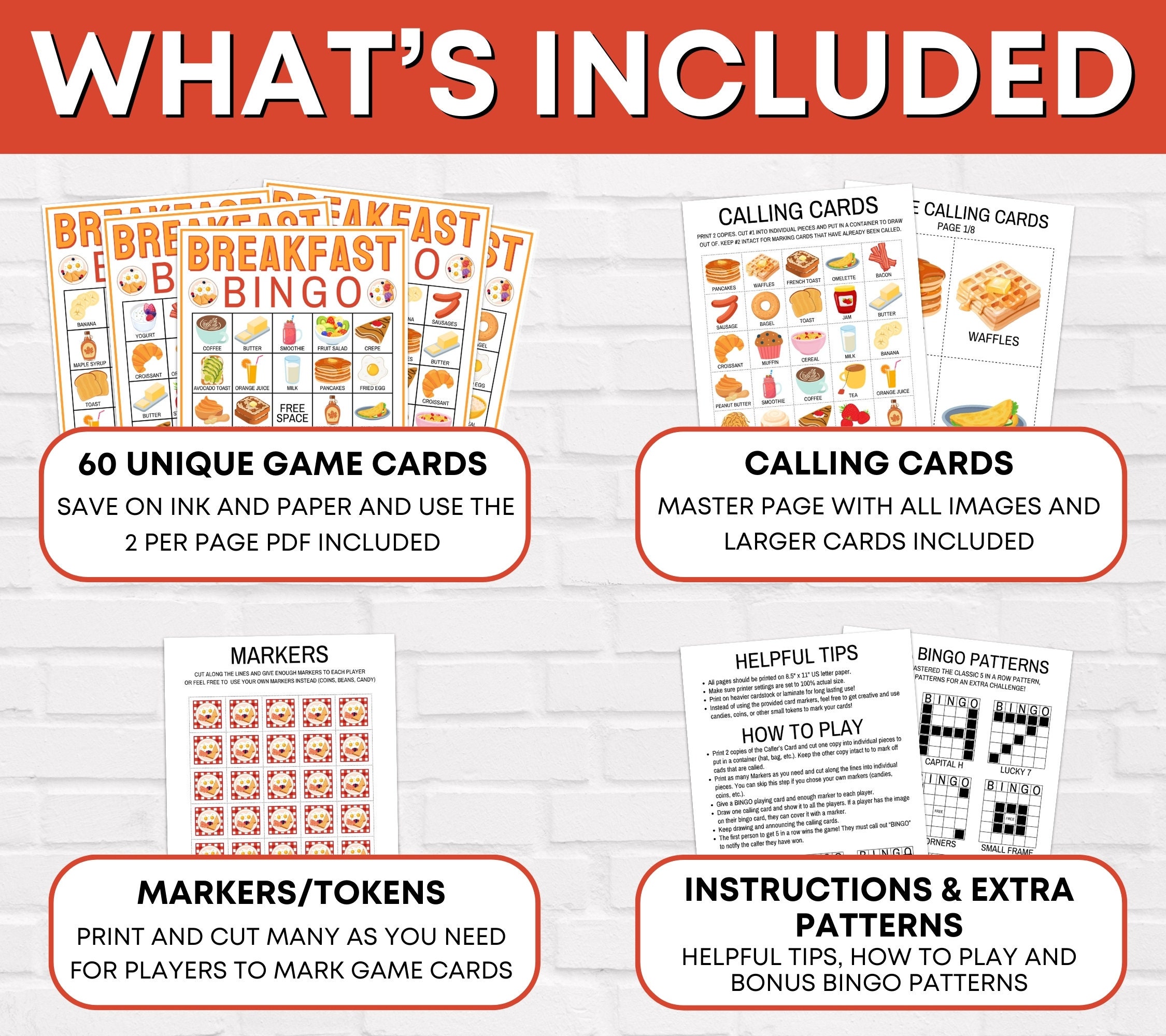 60 Breakfast Bingo Cards Printable Game, Sunday Brunch Bingo Board Game ...