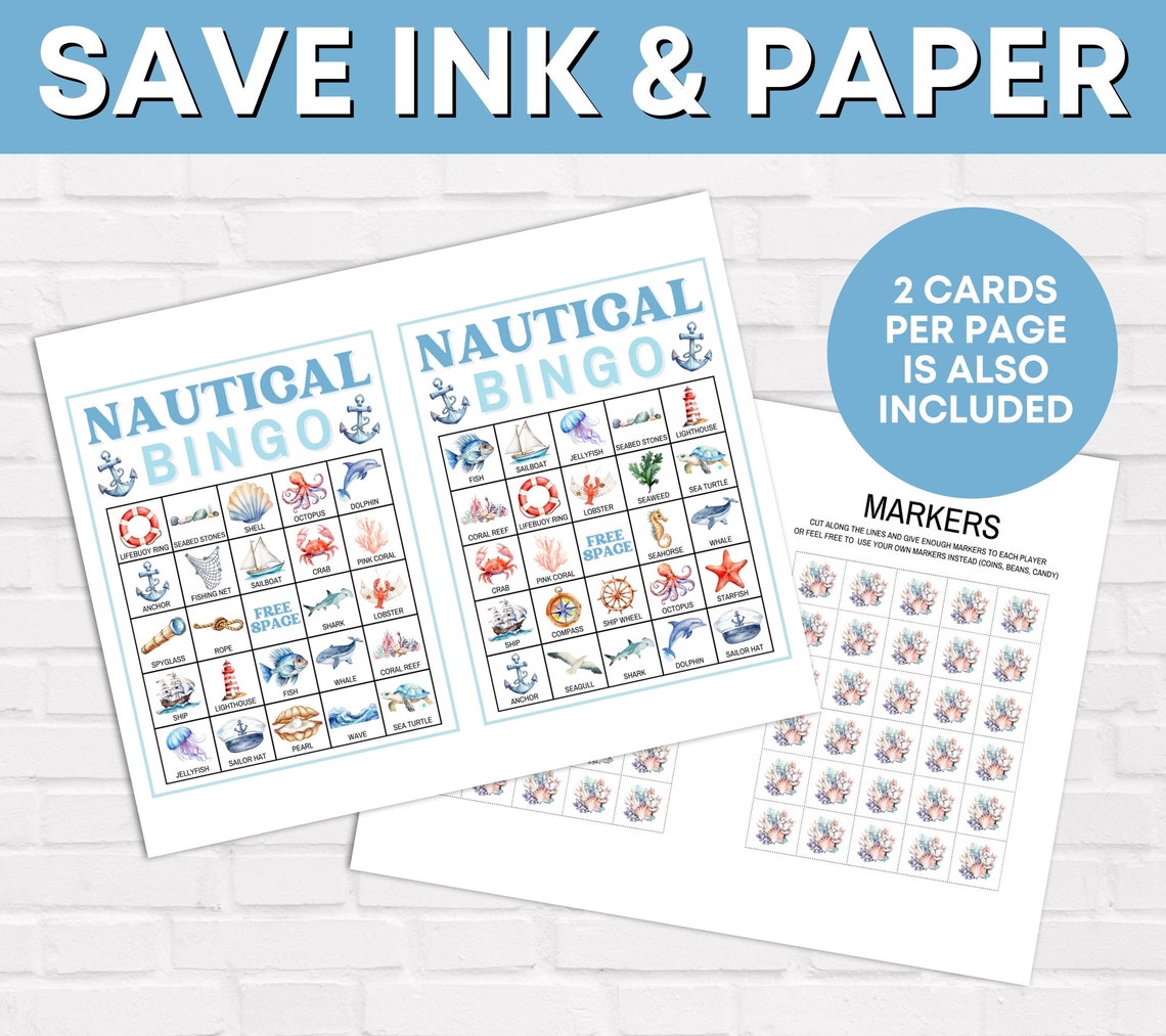 90 Nautical Bingo Cards Printable Game, Ocean Nautical Birthday Party ...