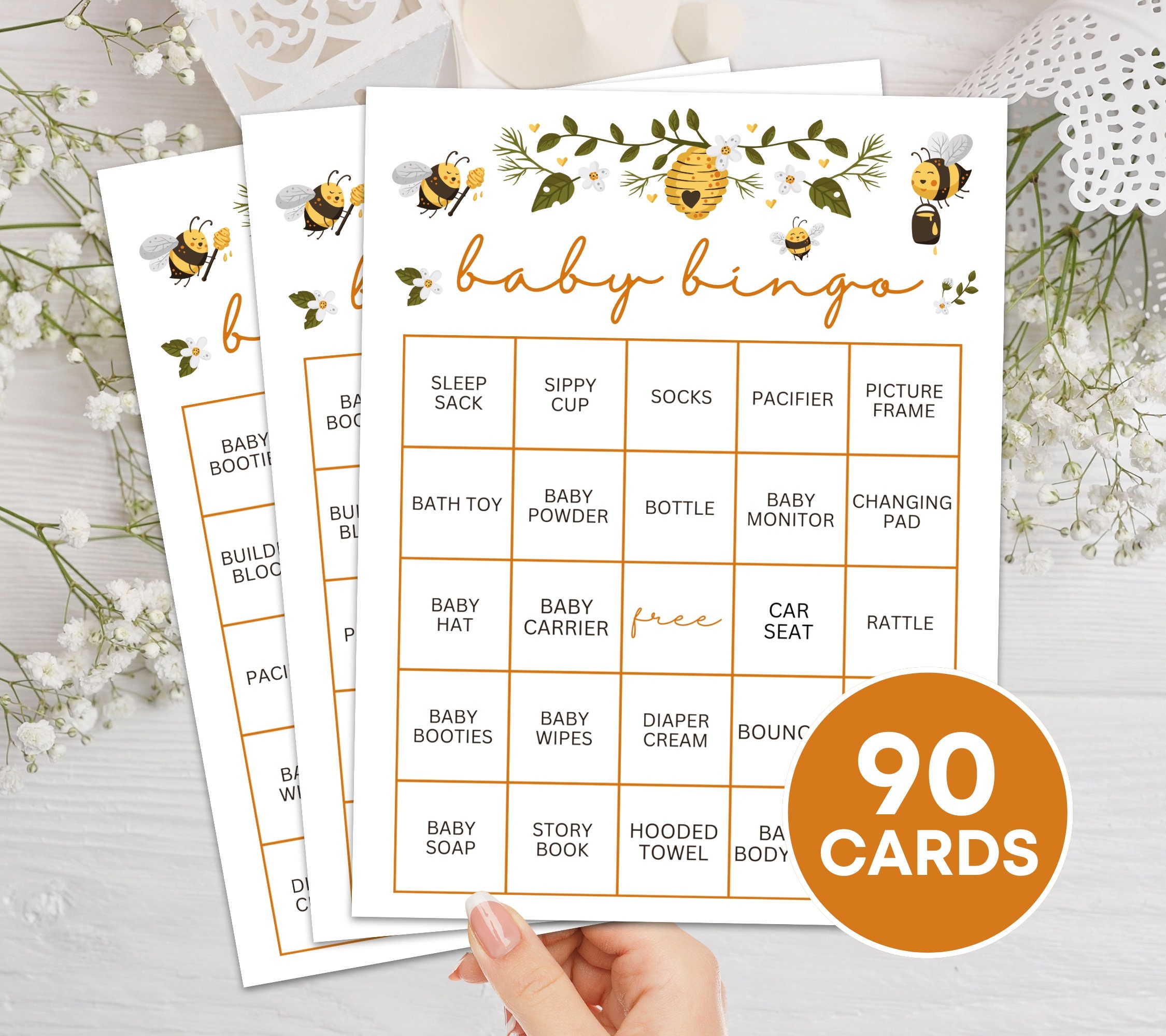 90 Bee Baby Shower Bingo Cards Printable Game, Baby Bee Shower Gift ...