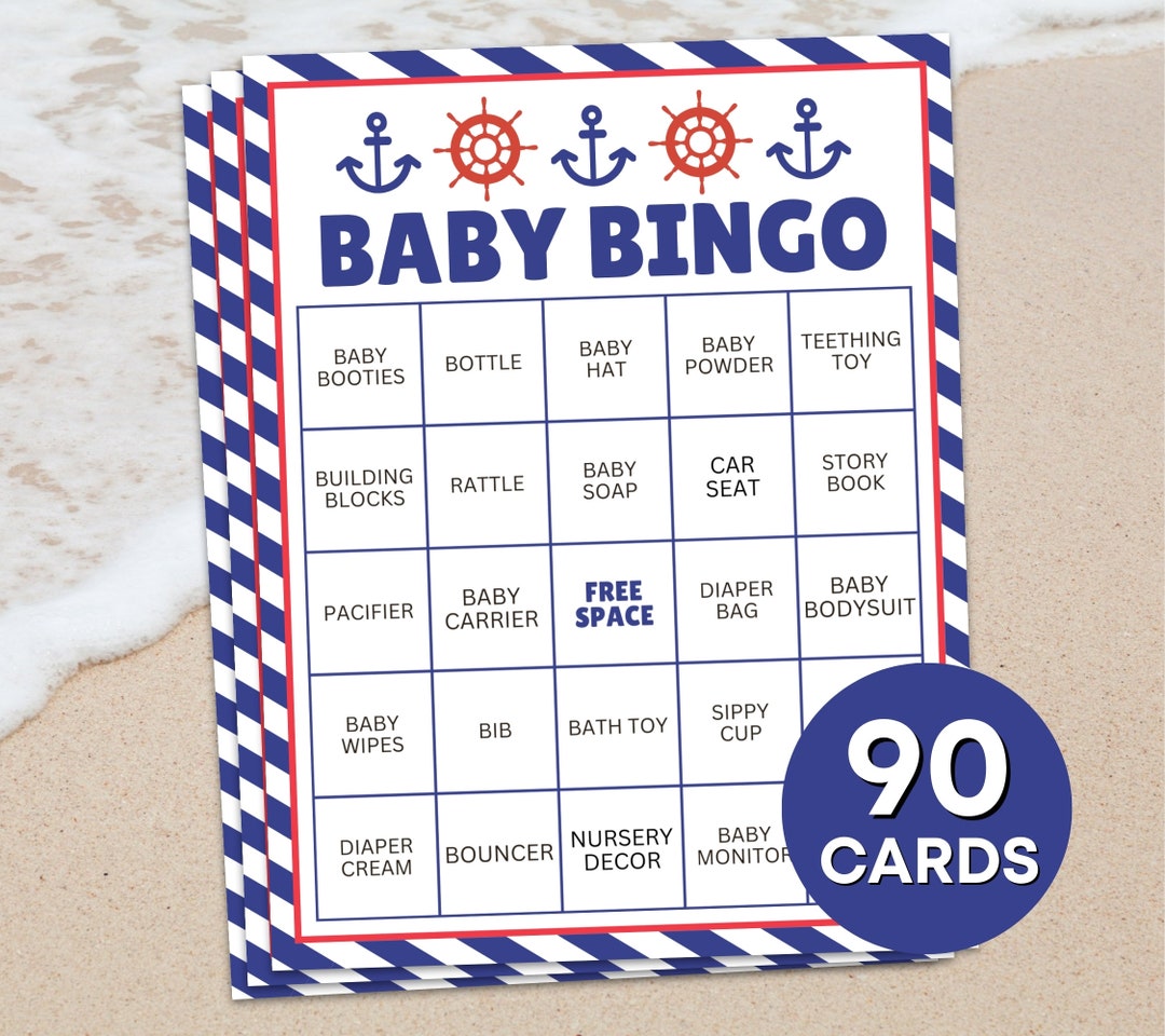 90 Ahoy Nautical Baby Shower Bingo Cards Printable Game, Baby Boy ...