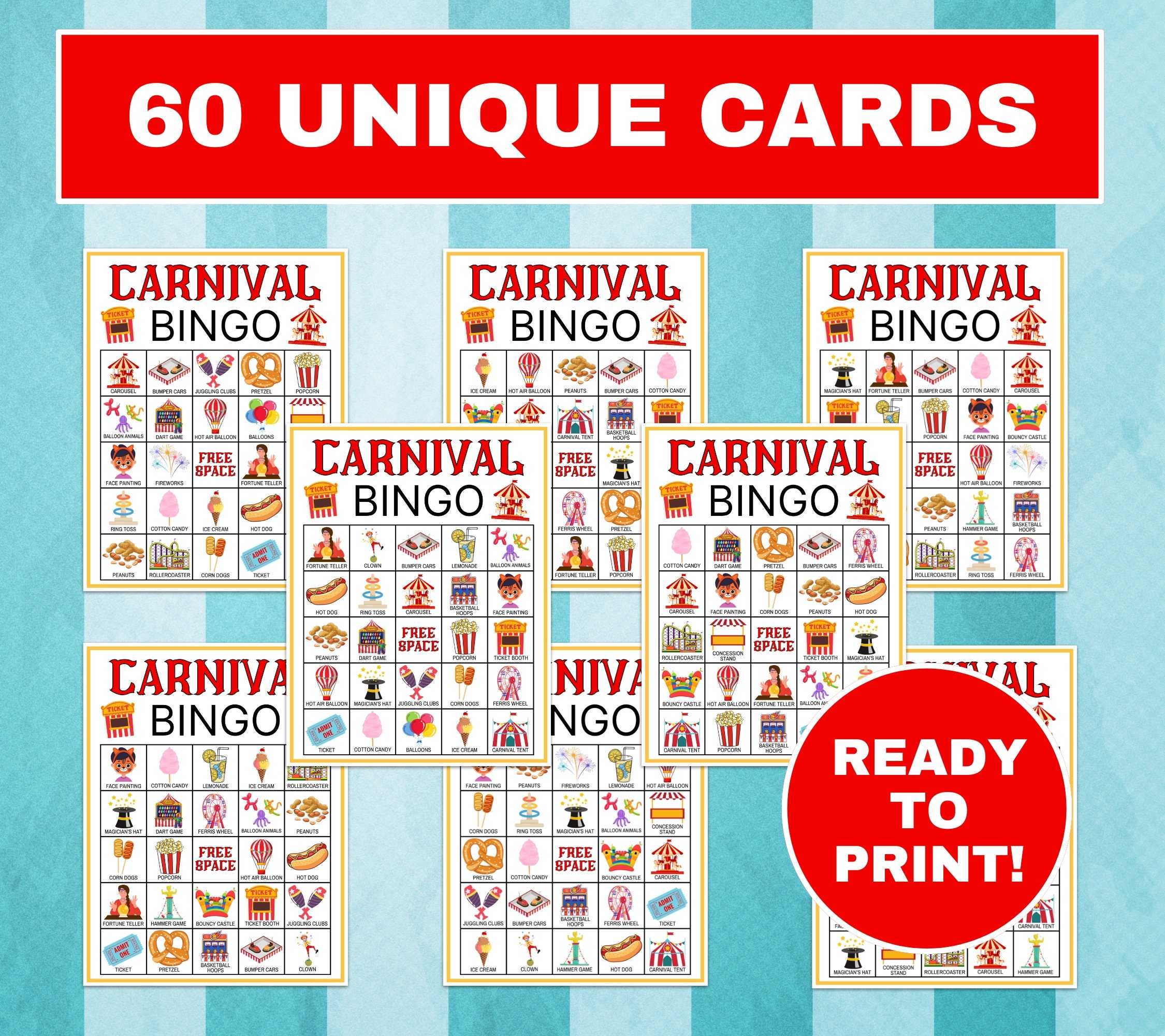 60 Carnival Bingo Cards Printable Game, Carnival Party Bingo Boards ...