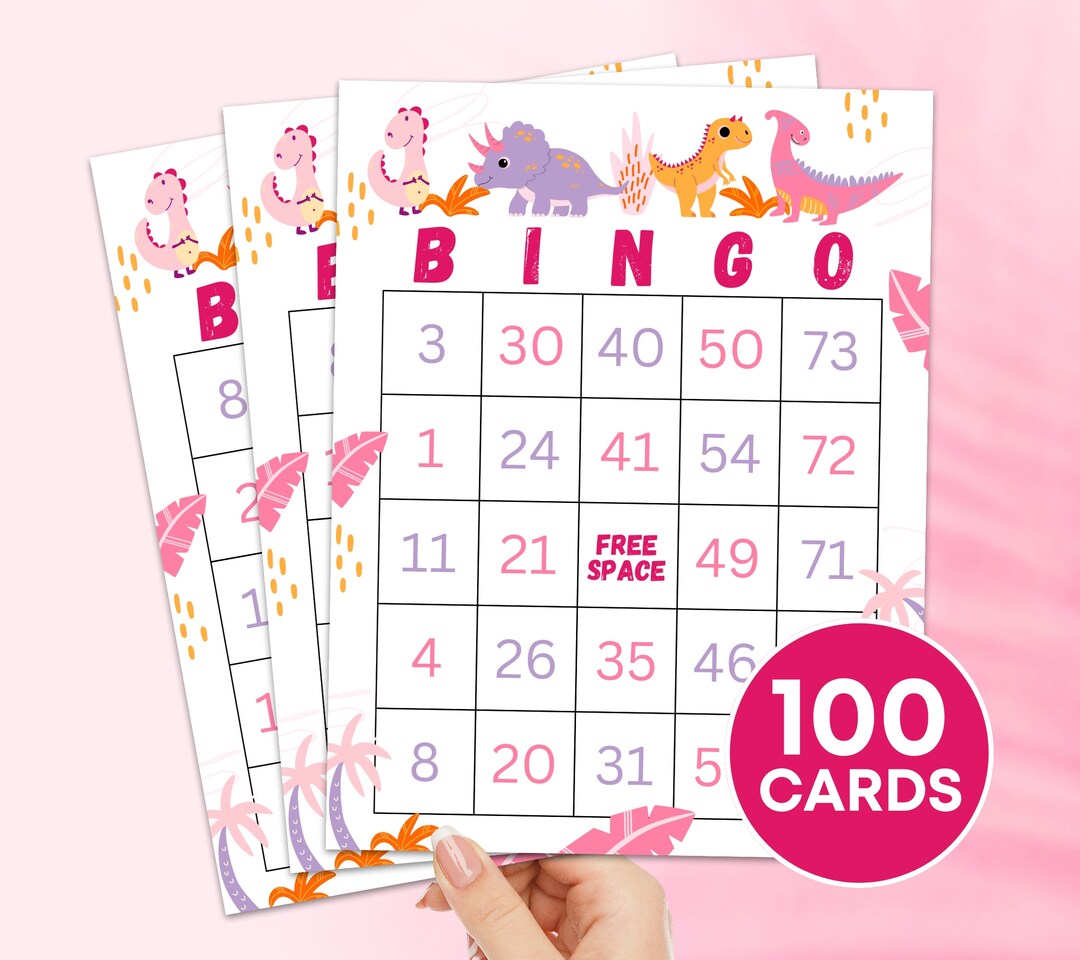 100 Dinosaur Bingo Cards Printable Game, Girl Dinosaur Birthday Party ...