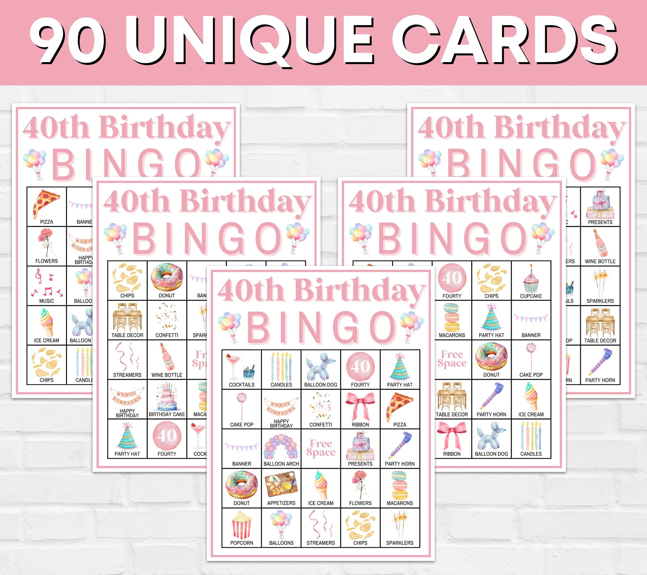 90 40th Birthday Bingo Cards Printable Game, 40th Birthday Party Bingo ...