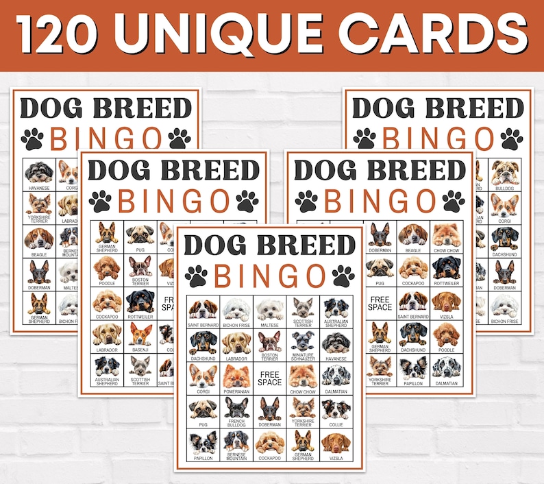 120 Dog Breed Bingo Cards Printable Game, Dog Bingo Cards Game, Dog ...