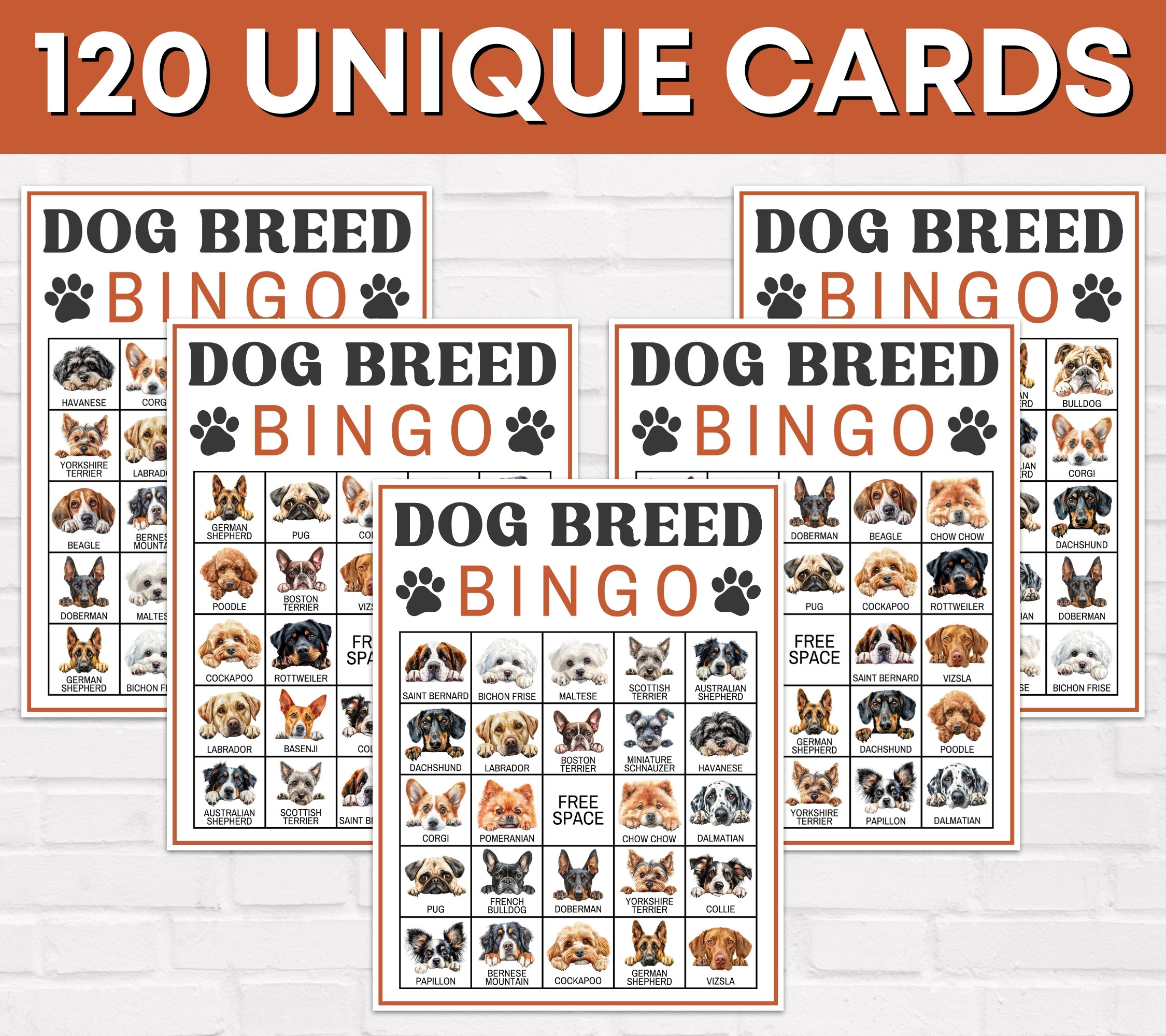 120 Dog Breed Bingo Cards Printable Game, Dog Bingo Cards Game, Dog ...