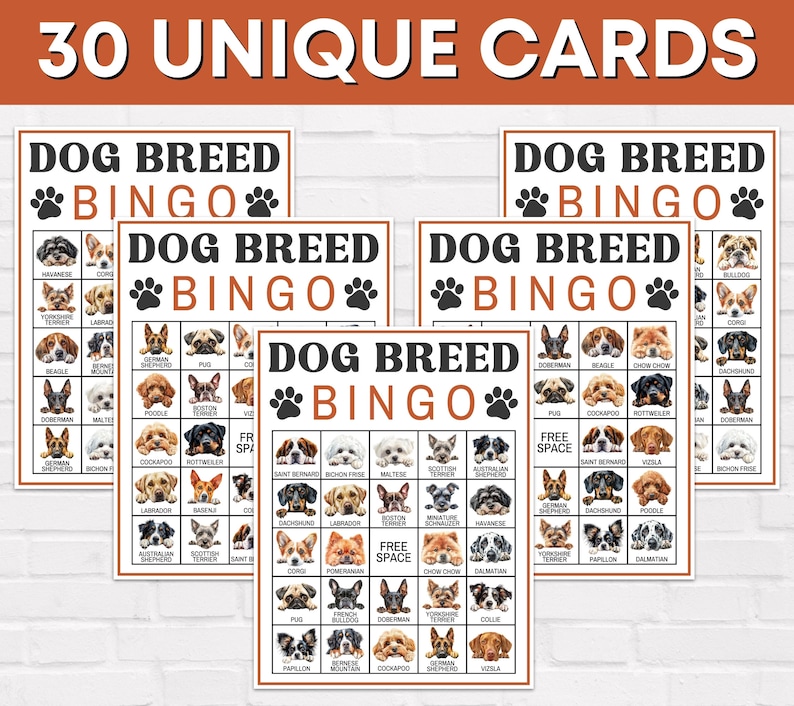 30 Dog Breed Bingo Cards Printable Game, Dog Bingo Cards Game, Dog ...