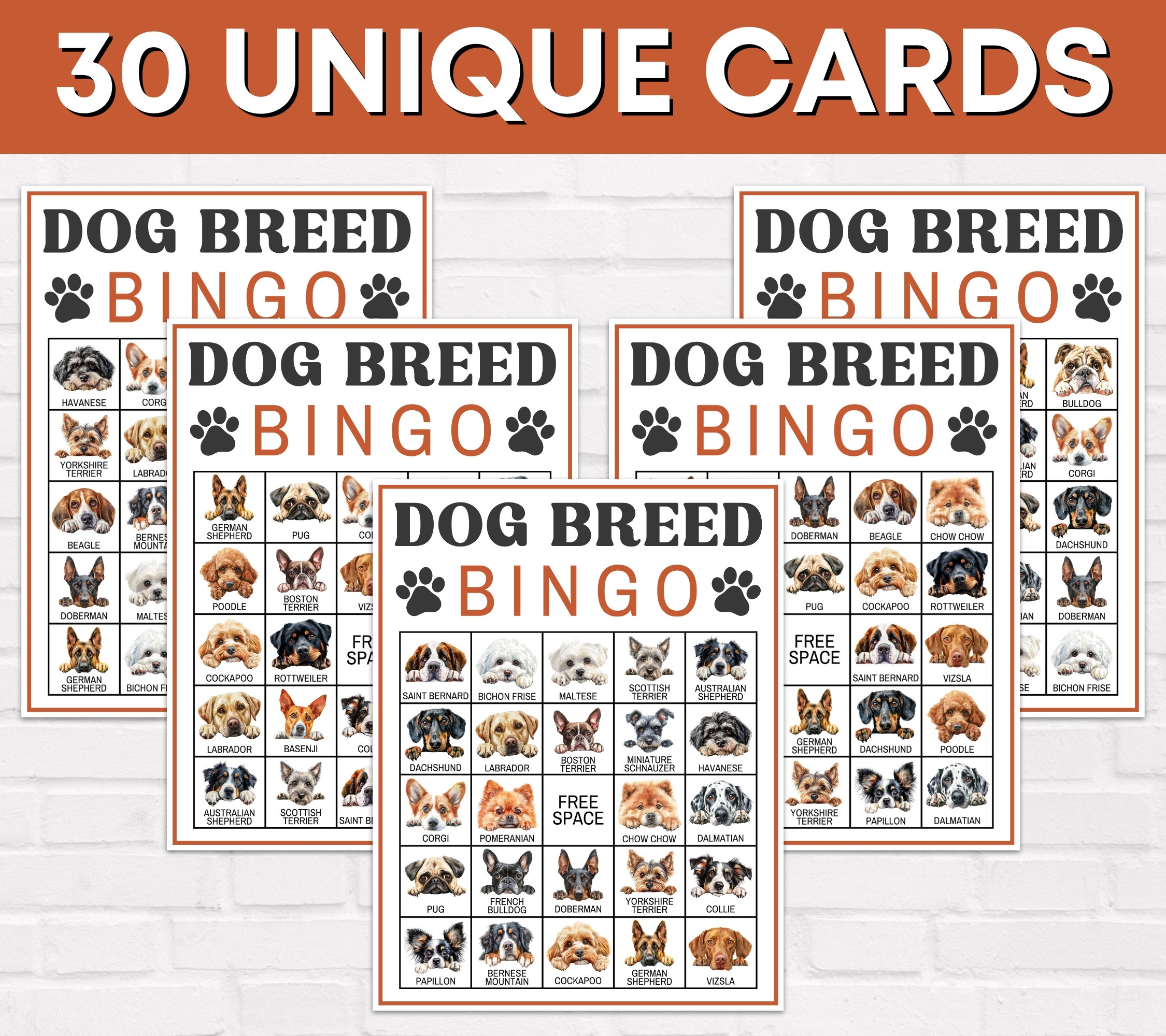 30 Dog Breed Bingo Cards Printable Game, Dog Bingo Cards Game, Dog ...