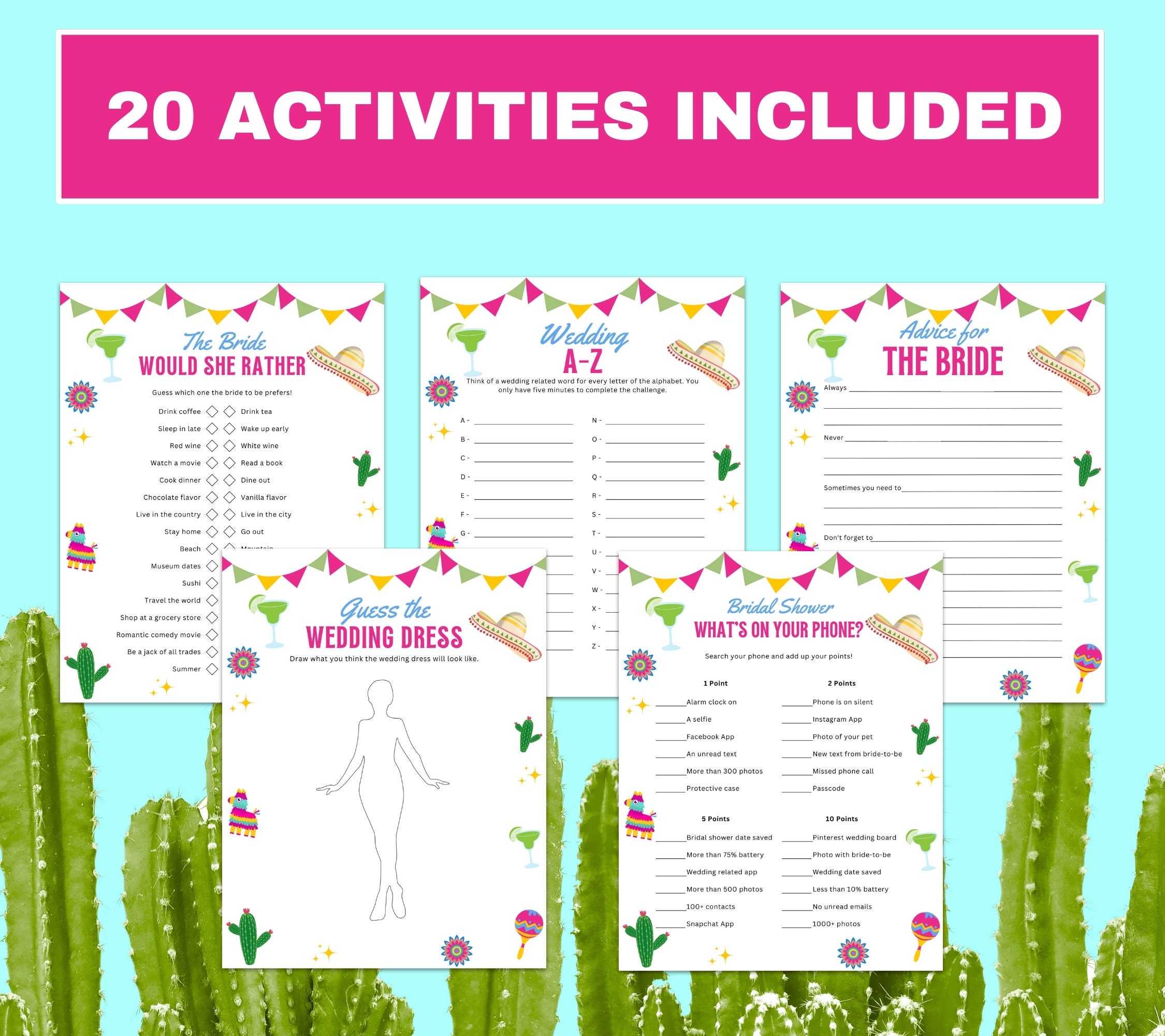 Fiesta Bridal Shower Games Printable Bundle, Cactus Mexican Bridal ...