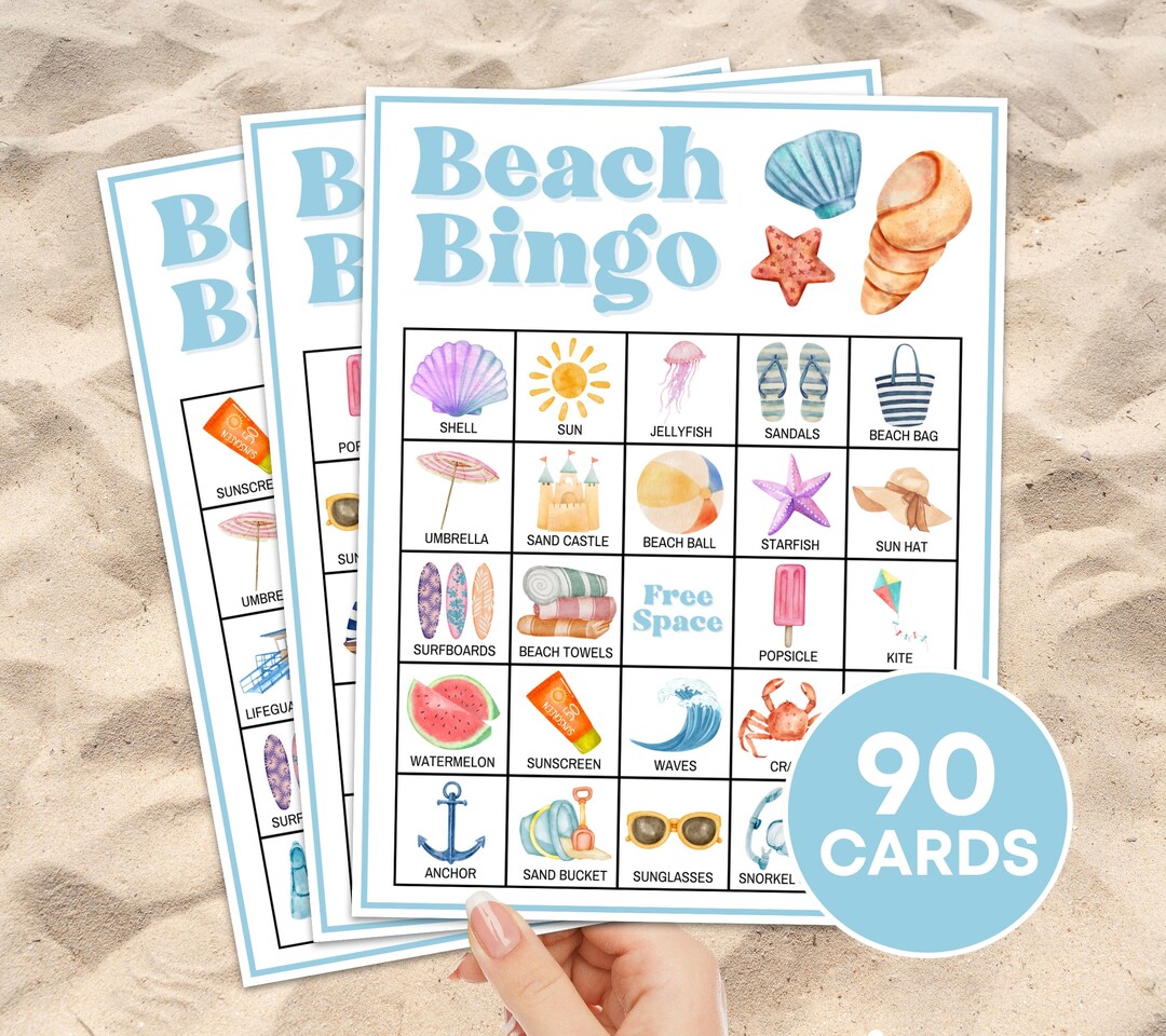 90 Beach Bingo Cards Printable Game, Beach Day Birthday Party Bingo ...