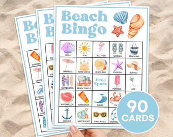 120 Beach Bingo Cards Printable Game, Beach Day Birthday Party Bingo ...