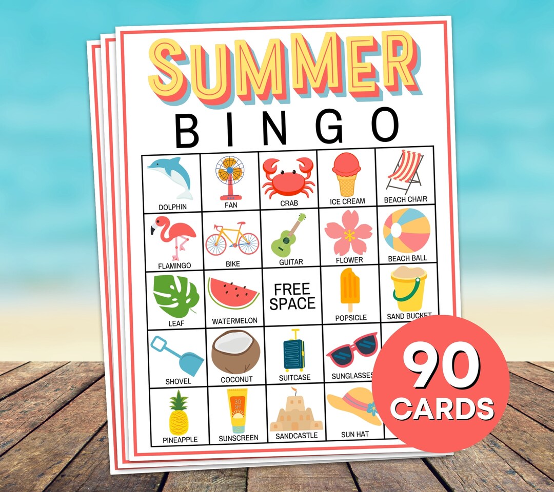 90 Summer Bingo Cards Printable Game, Summer Birthday Party Bingo Game ...