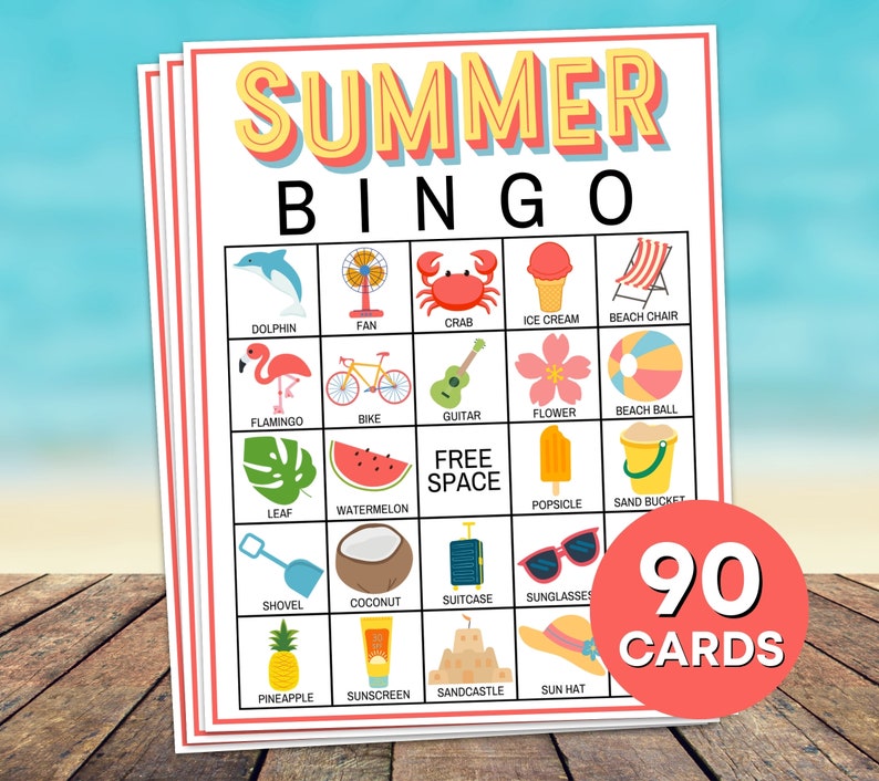 90 Summer Bingo Cards Printable Game, Summer Birthday Party Bingo Game ...