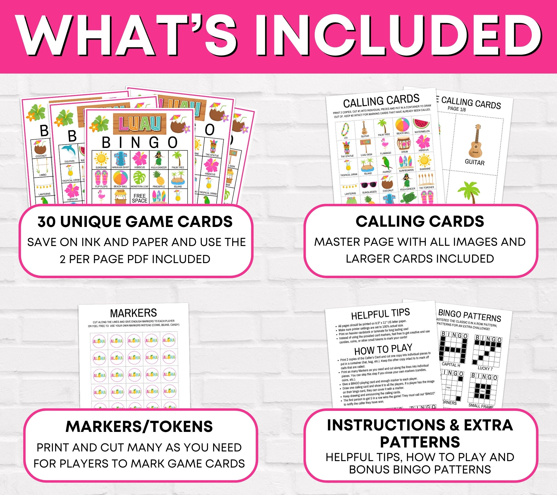 30 Luau Bingo Cards Printable Game, Aloha Hawaiian Birthday Party Bingo ...