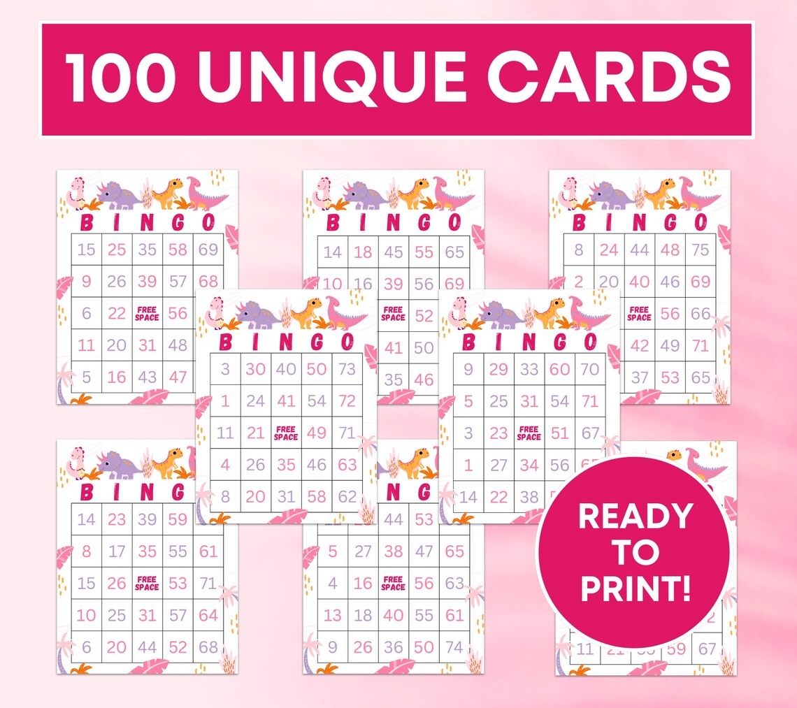 100 Dinosaur Bingo Cards Printable Game, Girl Dinosaur Birthday Party ...