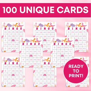 100 Dinosaur Bingo Cards Printable Game, Girl Dinosaur Birthday Party ...