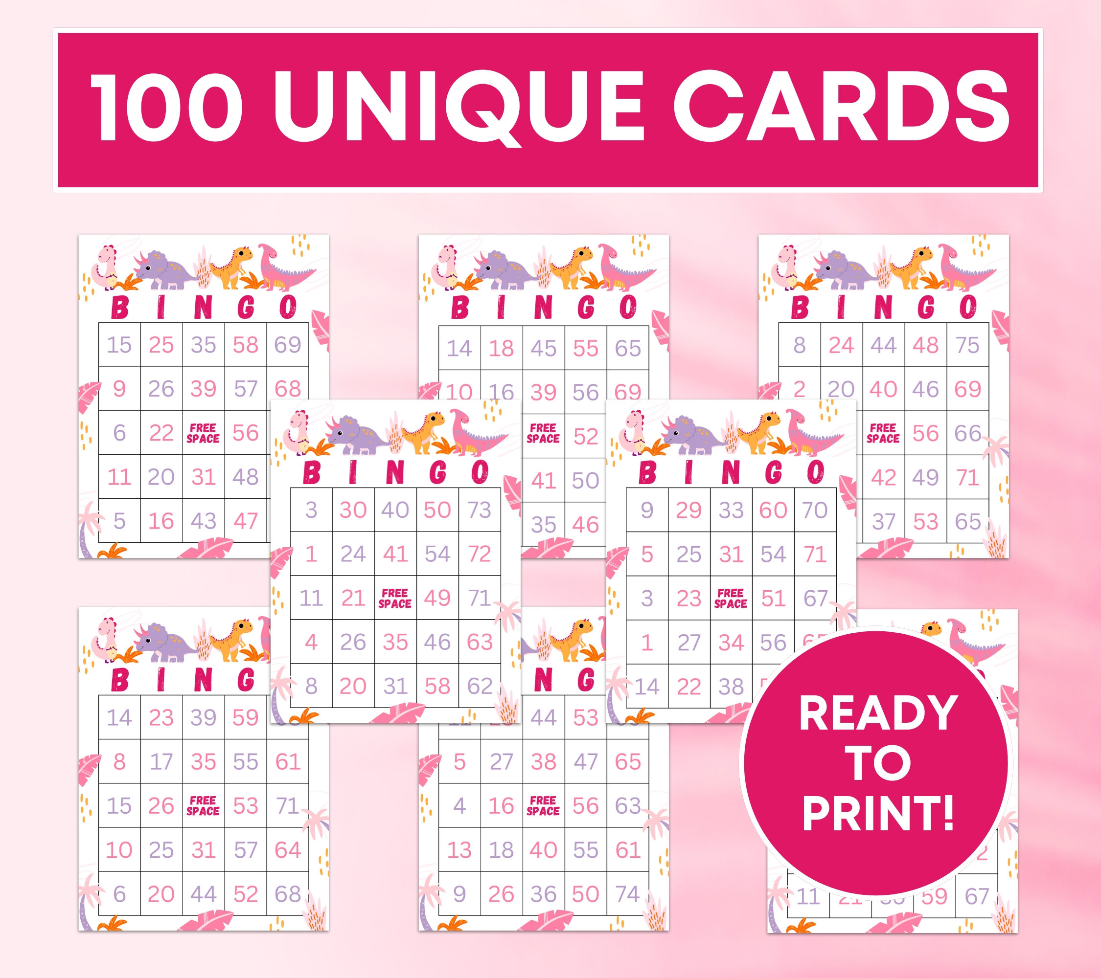 100 Dinosaur Bingo Cards Printable Game, Girl Dinosaur Birthday Party ...