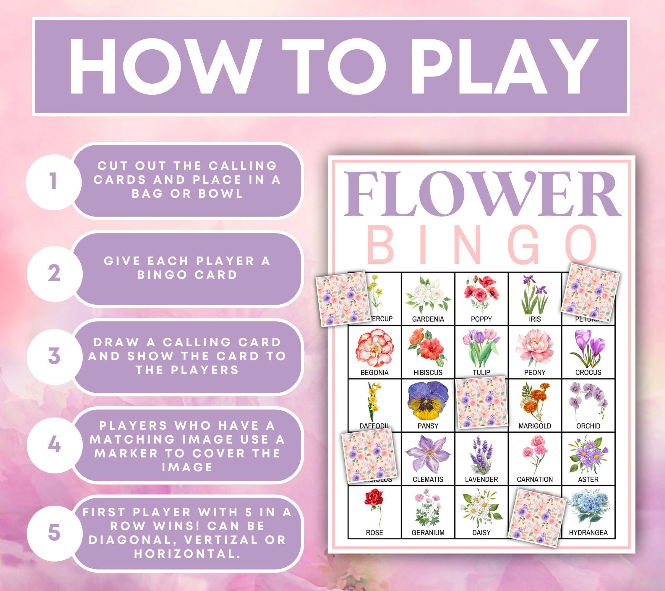 30 Flower Bingo Cards Printable Game, Floral Spring Bingo Boards Kids ...