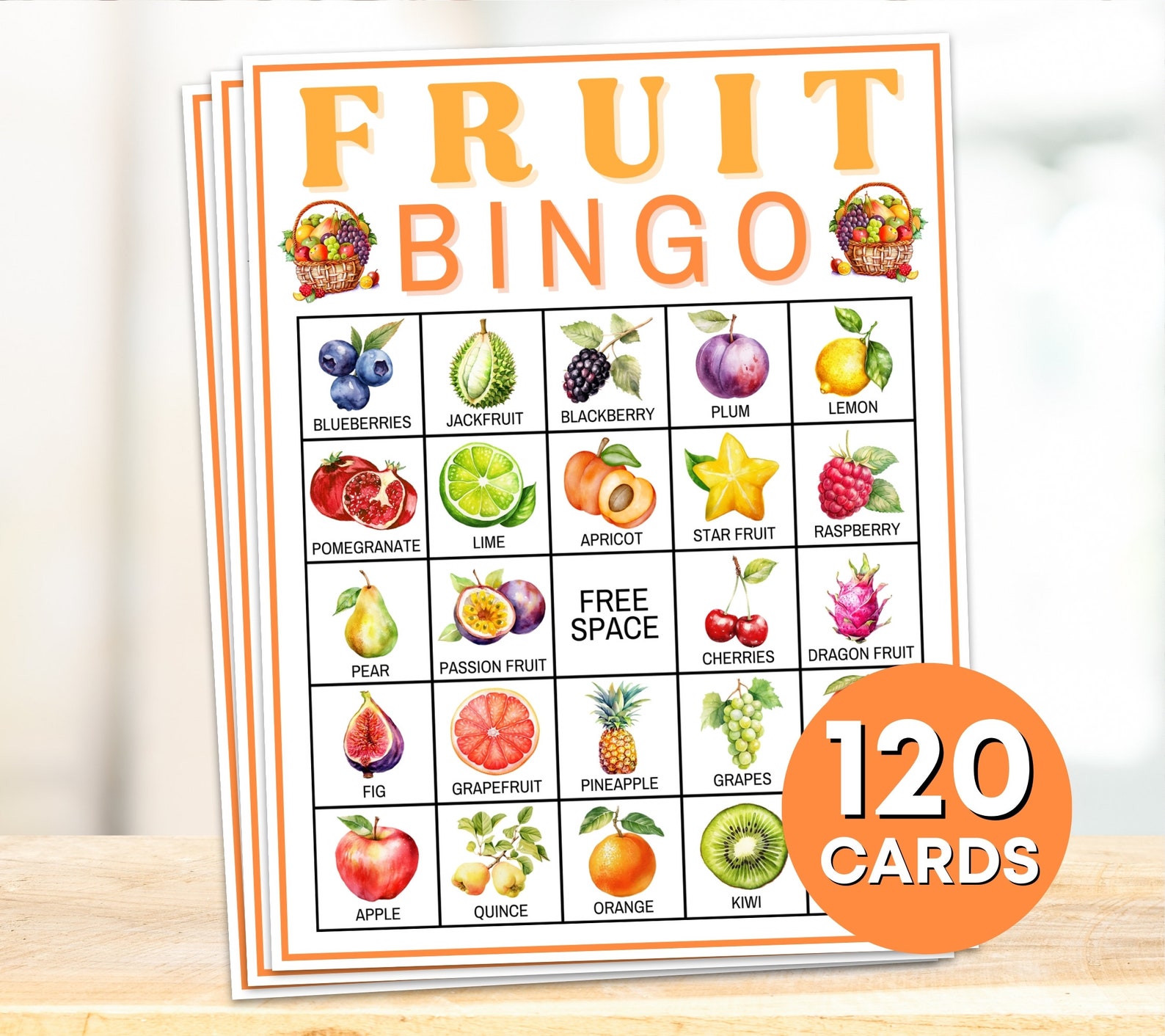 120 Fruit Bingo Cards Printable Game, Fruit Bingo Boards Game, Fruit ...
