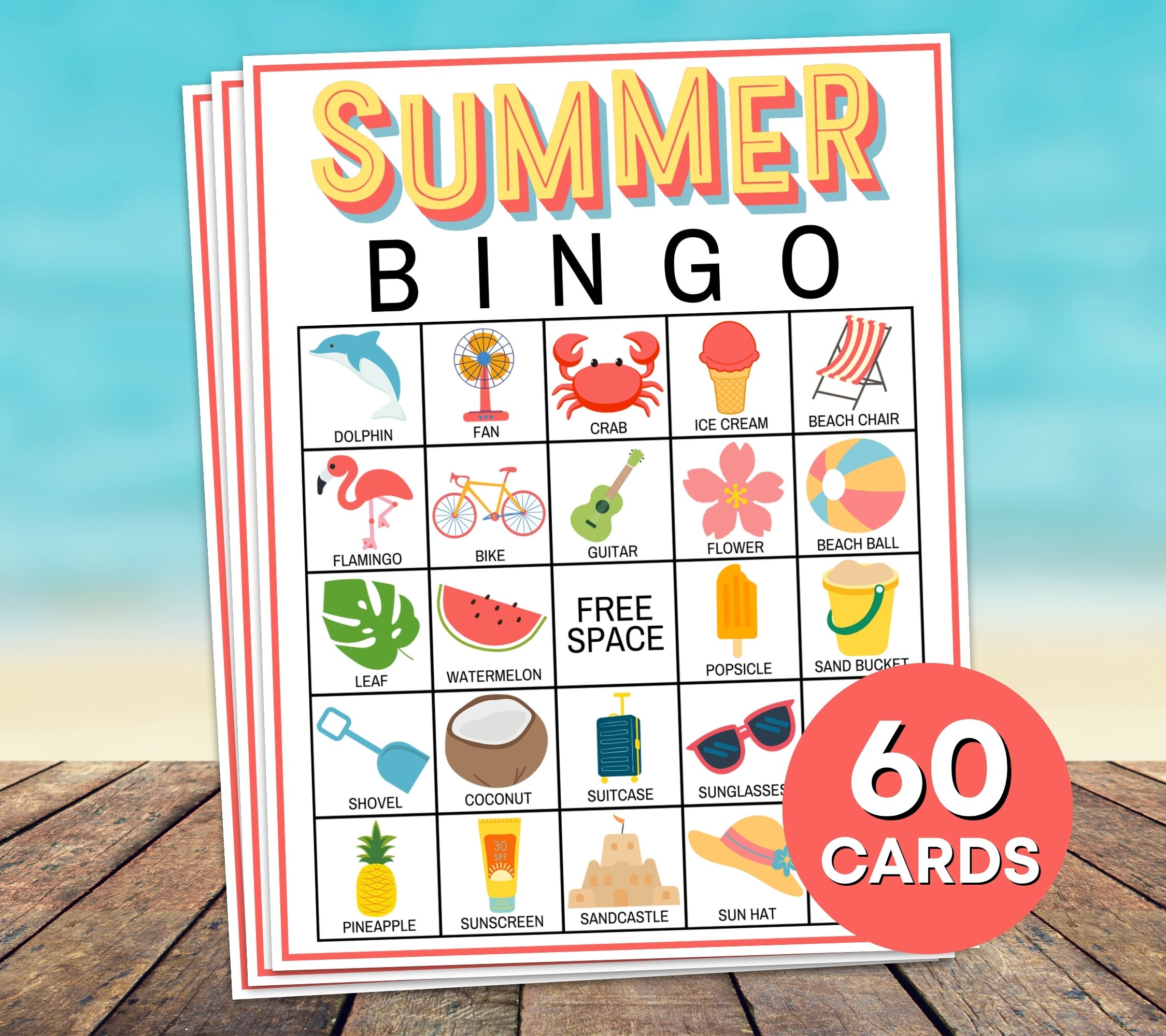 60 Summer Bingo Cards Printable Game, Summer Birthday Party Bingo Game ...