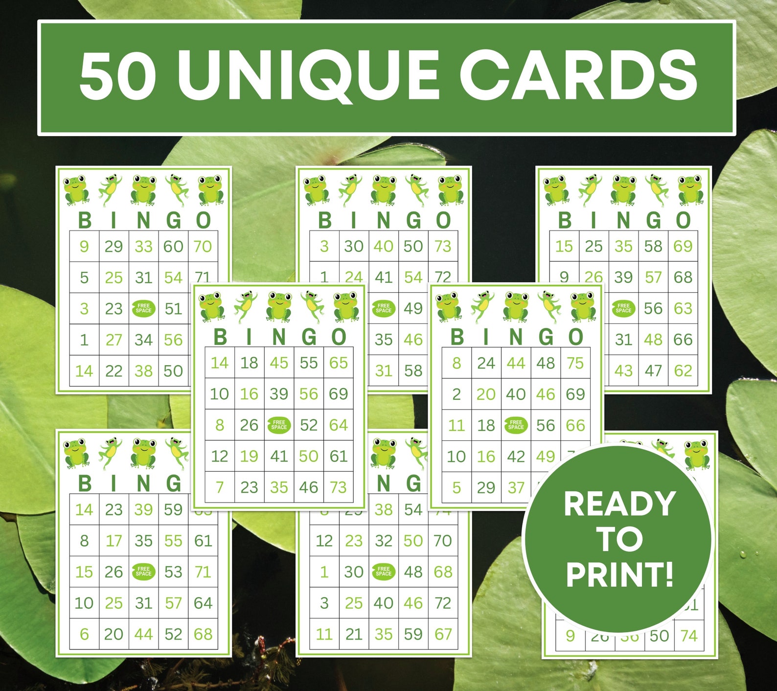 50 Frog Bingo Cards Printable Game, Frog Birthday Party Bingo Game for ...