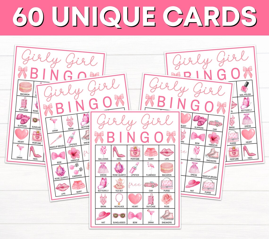 60 Girly Pink Aesthetic Bingo Cards Printable Game, Pink Girl Coquette ...