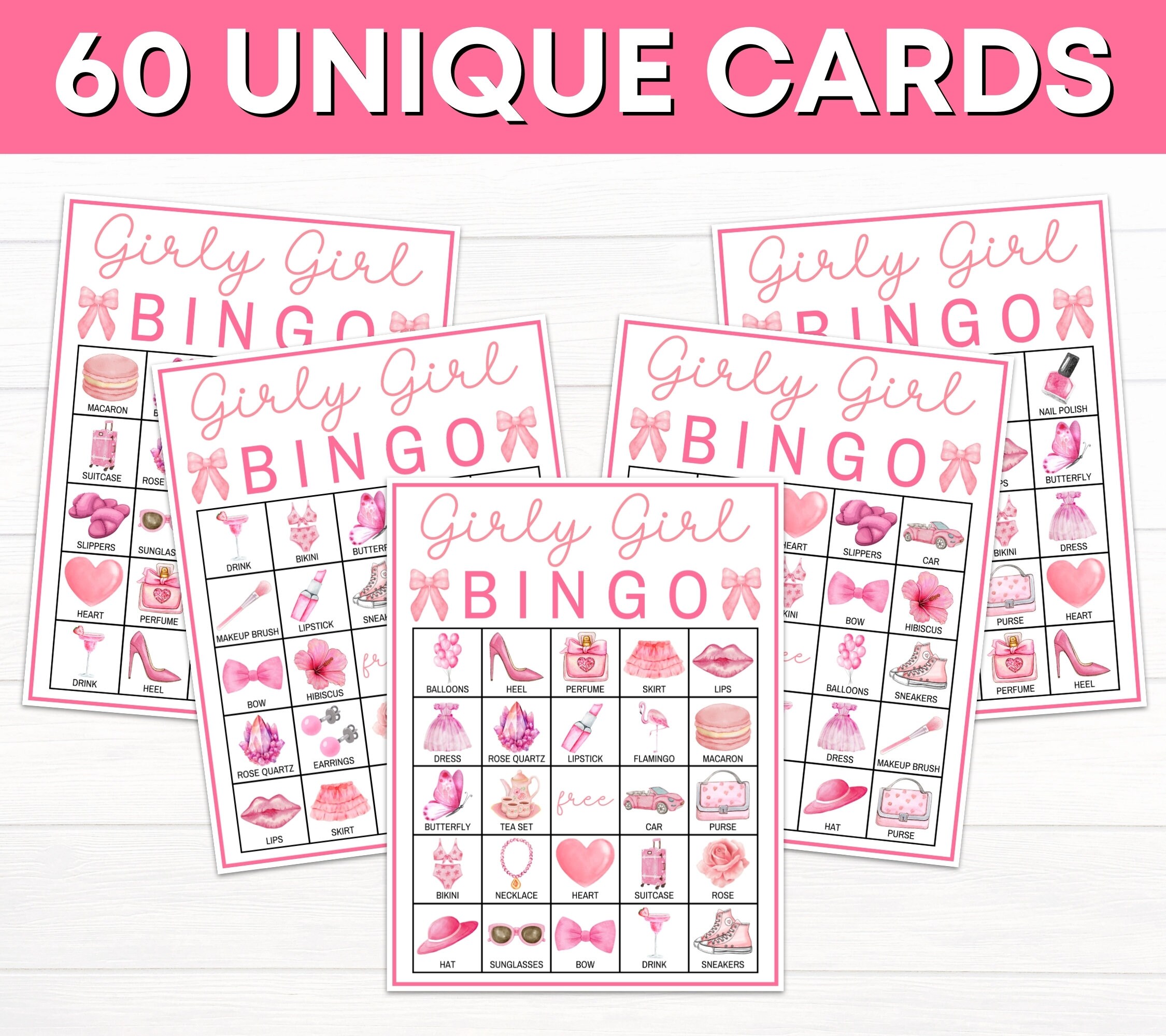 60 Girly Pink Aesthetic Bingo Cards Printable Game, Pink Girl Coquette ...