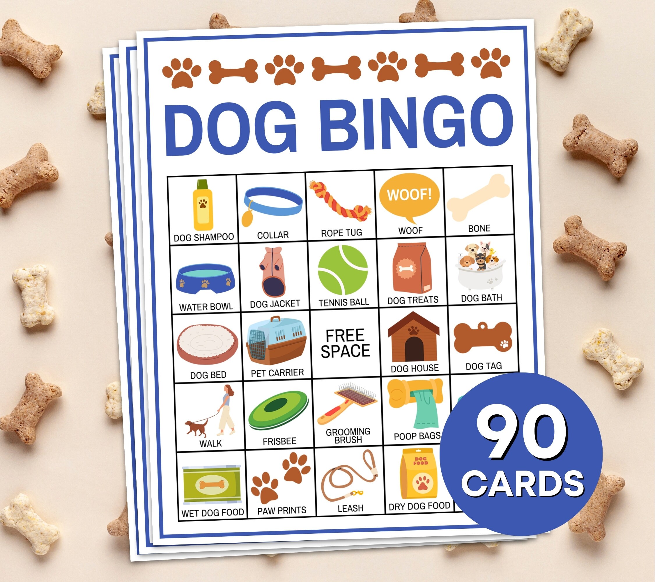 90 Dog Bingo Cards Printable Game, Puppy Dog Bingo Cards Game, Dog ...