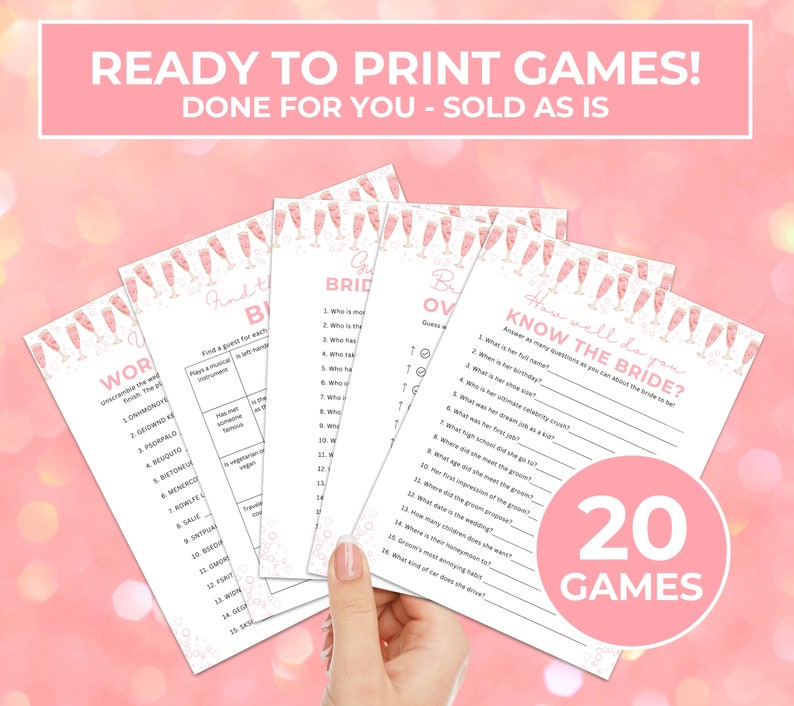 Champagne Bridal Shower Games Printable Bundle, Bubbly Champagne Bridal ...