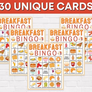 30 Breakfast Bingo Cards Printable Game, Sunday Brunch Bingo Board Game ...