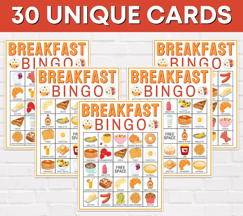 30 Breakfast Bingo Cards Printable Game, Sunday Brunch Bingo Board Game ...