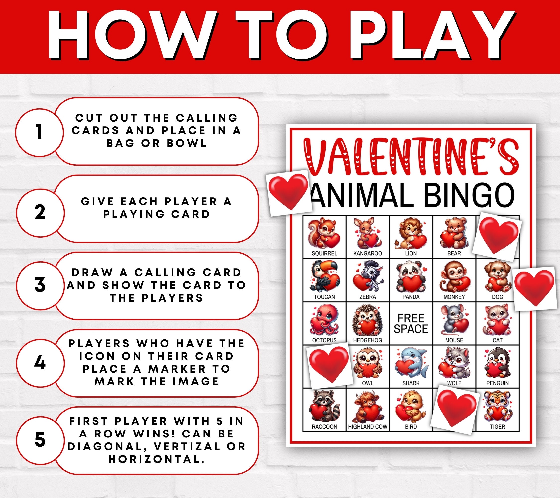 30 Valentines Animal Bingo Cards Printable Game, Valentines Animal ...