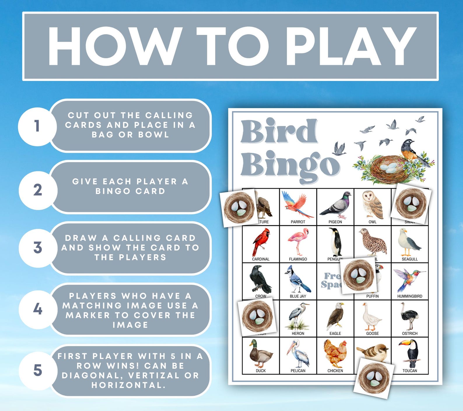 60 Bird Bingo Cards Printable Game, Bird Watching Bingo Activity Kids ...
