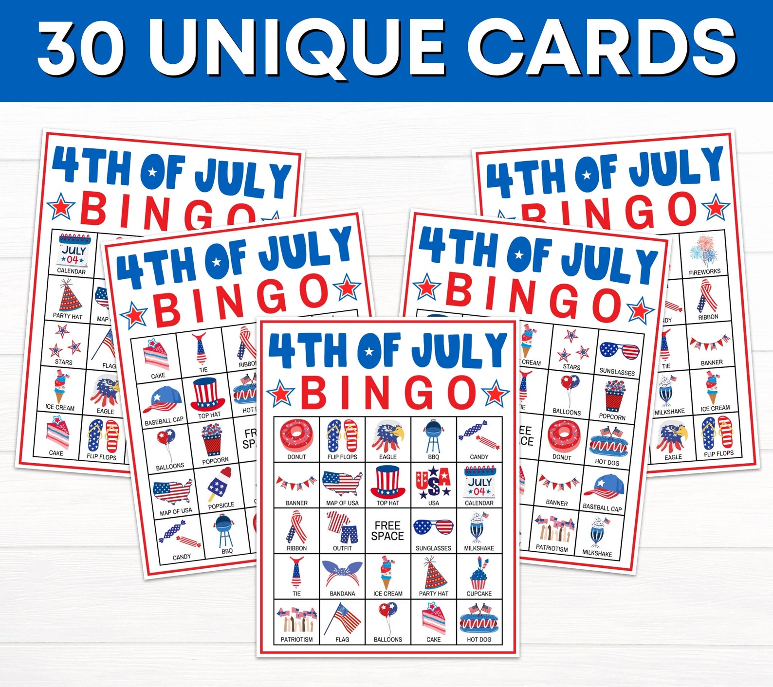 30 Fourth of July Bingo Cards Printable Game, 4th of July USA ...