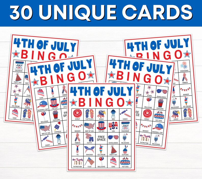 30 Fourth of July Bingo Cards Printable Game, 4th of July USA ...