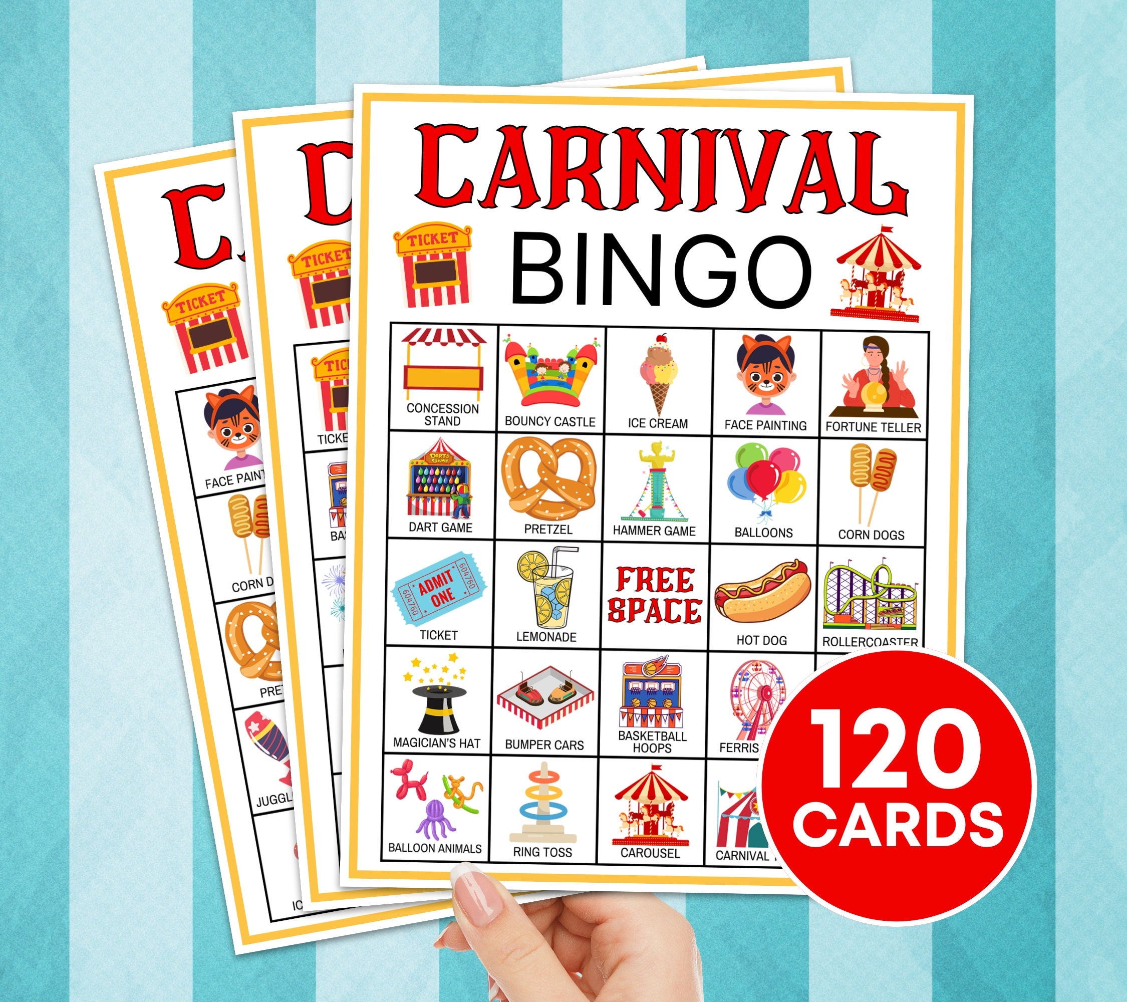 120 Carnival Bingo Cards Printable Game, Carnival Party Bingo Boards ...