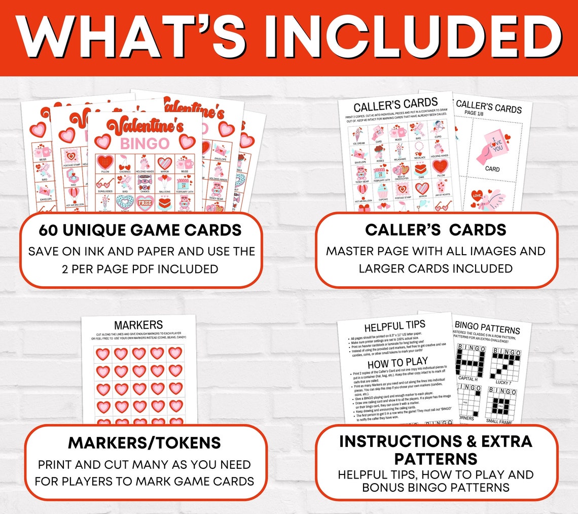 60 Valentines Bingo Game Cards Printable, Valentine's Day Bingo Cards ...