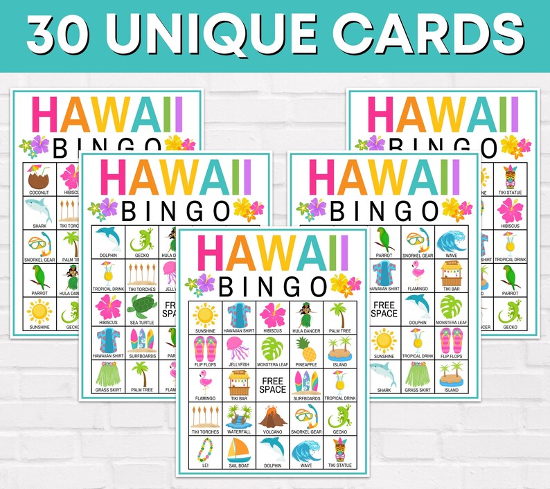 30 Hawaii Bingo Cards Printable Game, Luau Aloha Hawaiian Birthday ...