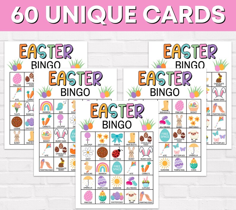 60 Easter Bingo Cards Printable Game, Easter Bingo Boards Activity for ...