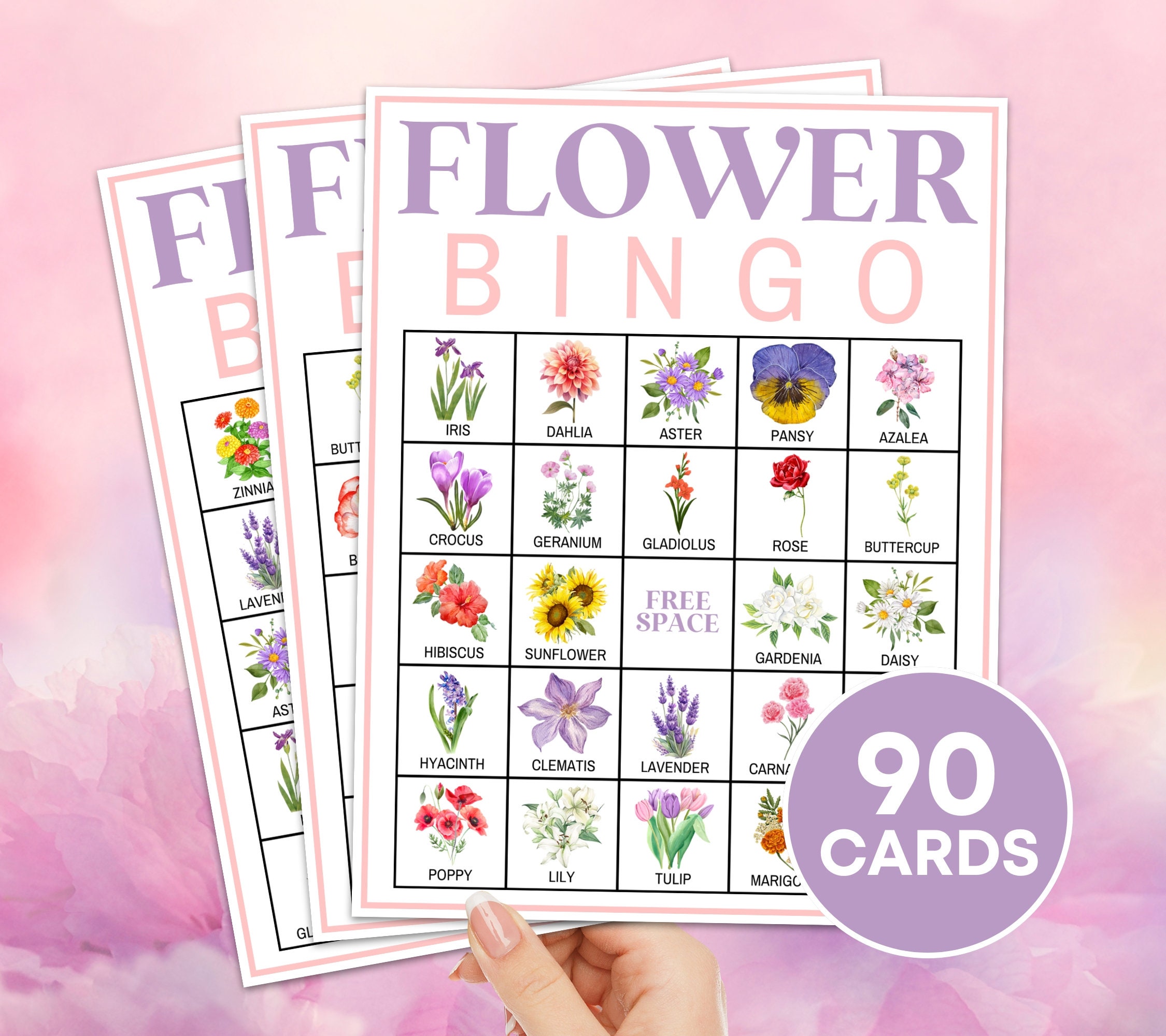 90 Flower Bingo Cards Printable Game, Floral Spring Bingo Boards Kids ...