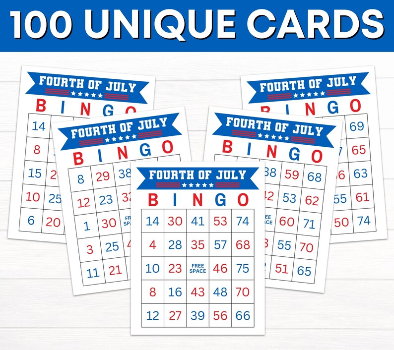100 Fourth of July Bingo Cards Printable Game, 4th of July USA ...