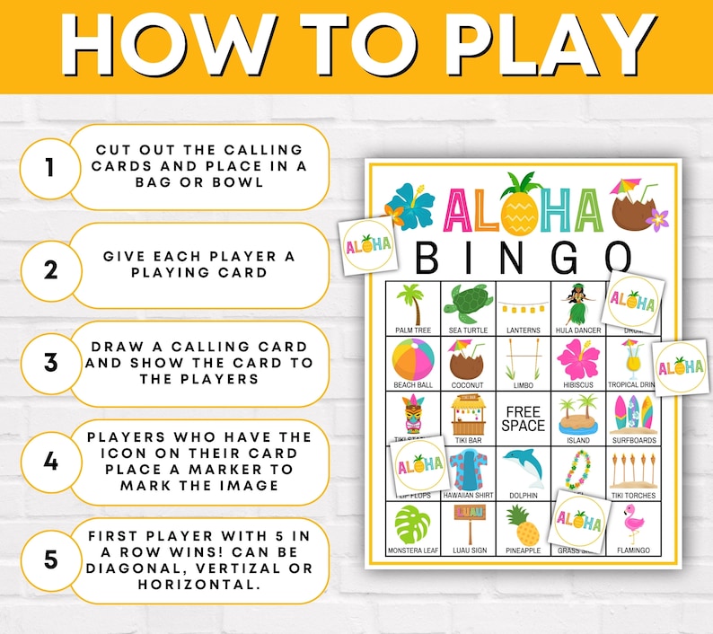 30 Aloha Bingo Cards Printable Game, Luau Hawaiian Birthday Party Bingo ...