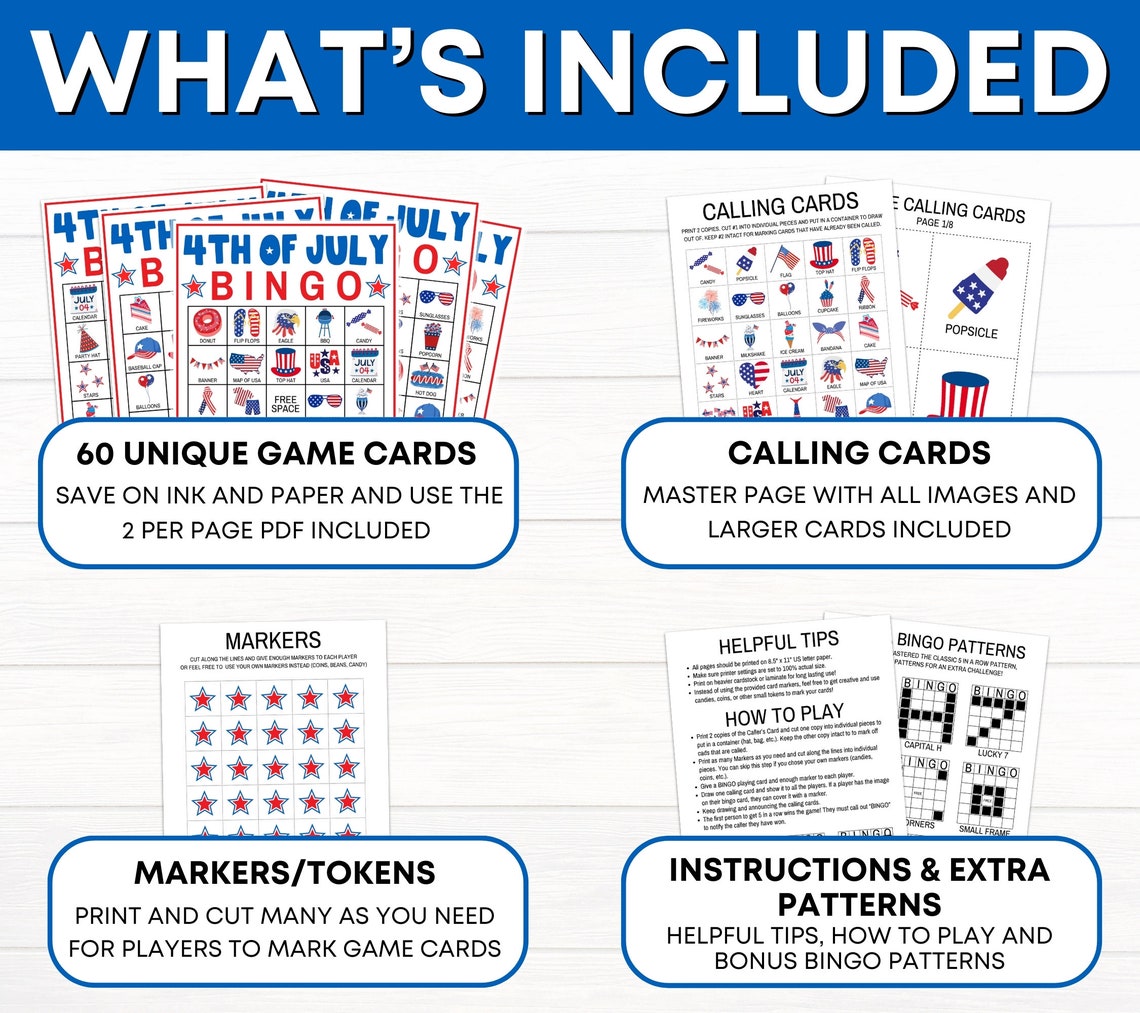 60 Fourth of July Bingo Cards Printable Game, 4th of July USA ...